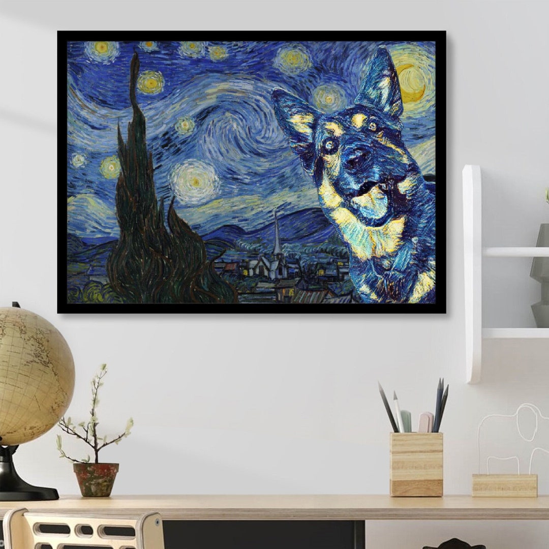 German Shepherd Starry Night Art Print, Vincent Van Gogh Starry Night ...