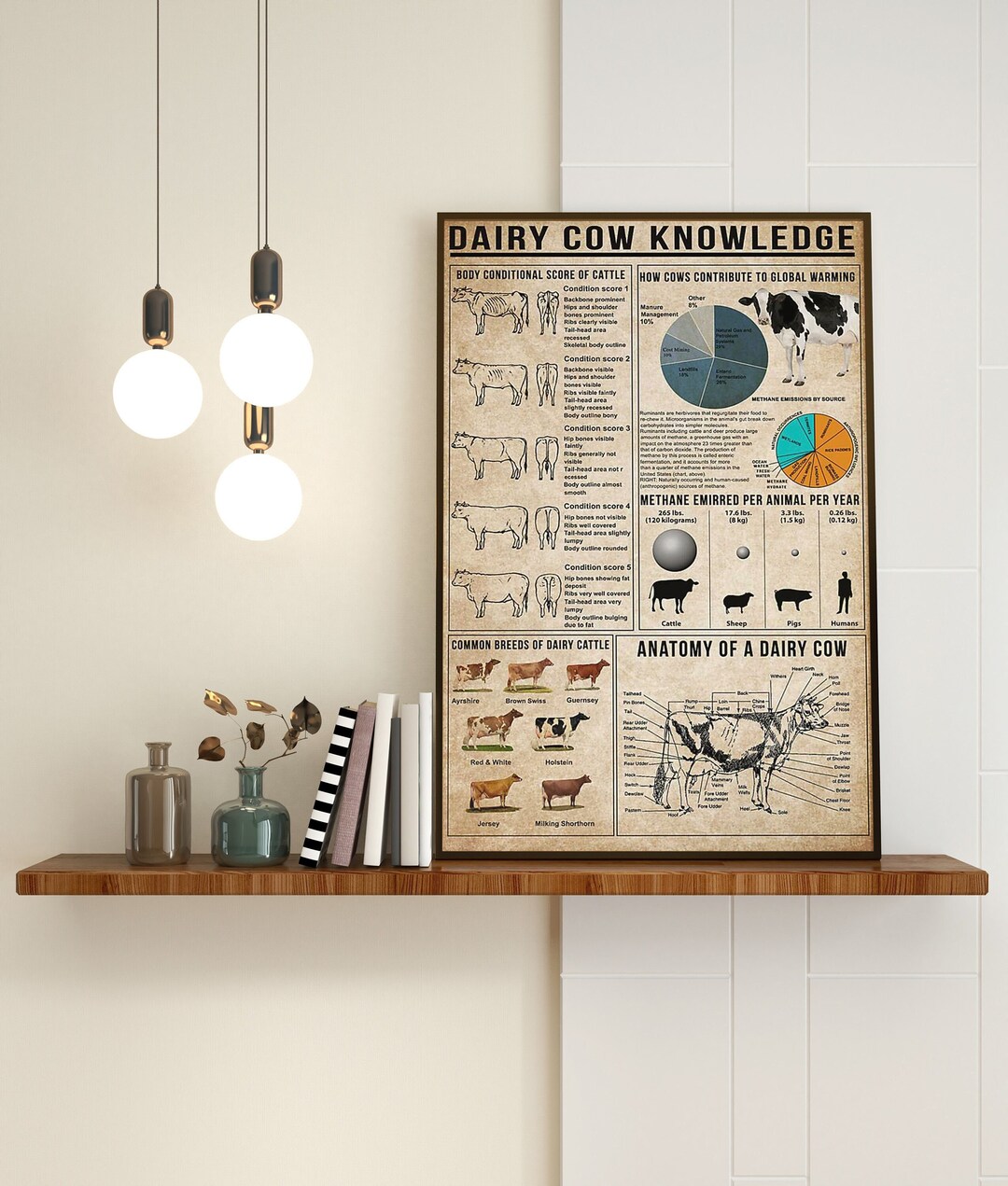 Dairy Cow Knowledge Poster, Vintage Dairy Cow Wall Art, Cow Wall ...