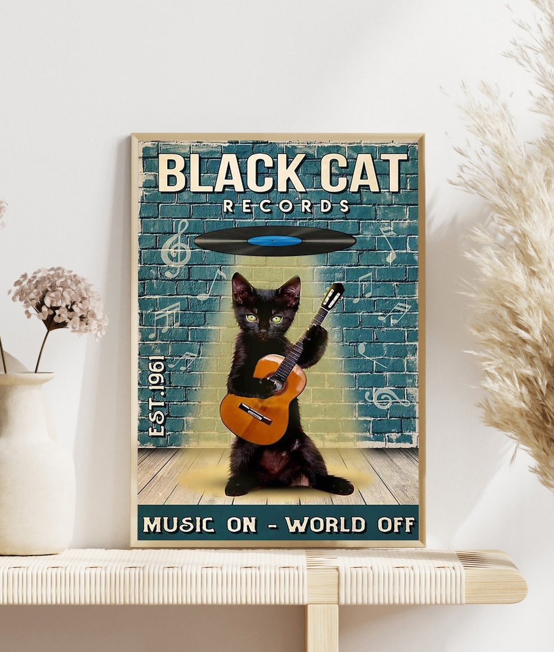 Black Cat Album Record Art, Black Cat Music on World off Poster, Black Cat Music Wall Art, Black ...