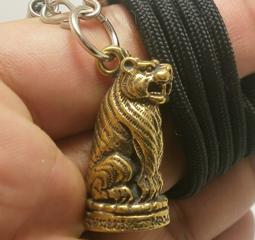 Thai Brass Tiger Amulet Pendant - Strong Life Protection, 24" Rope ...