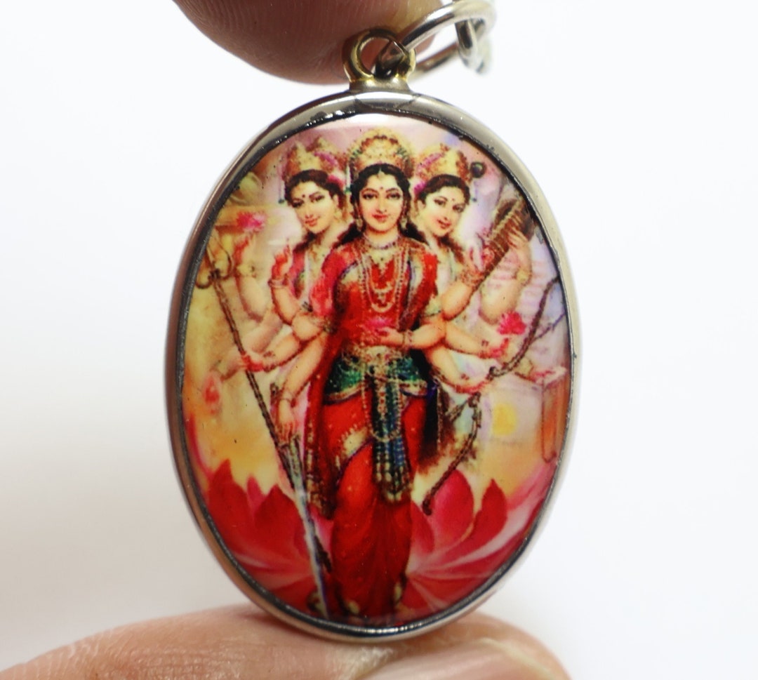Tridevi Hindu Goddess Big Pendant Om Necklace: Lakshmi, Saraswati ...