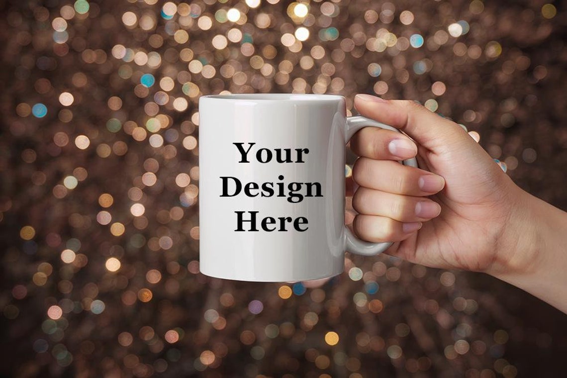 White Mug Mockup 11oz, Sparkly Rose Gold Glitter Bokeh Ceramic Coffee ...