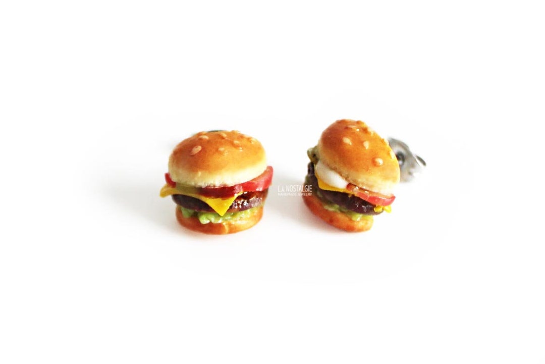 Burger Earrings Mini Food Jewelry Hamburger Polymer Clay Tiny Stud ...