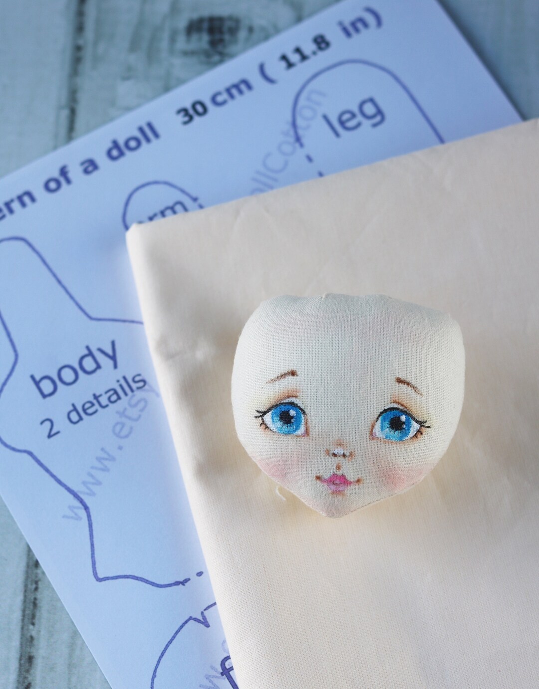 Set Head Doll With Face+cotton Cloth + Paper Pattern. Set for Make Doll ...