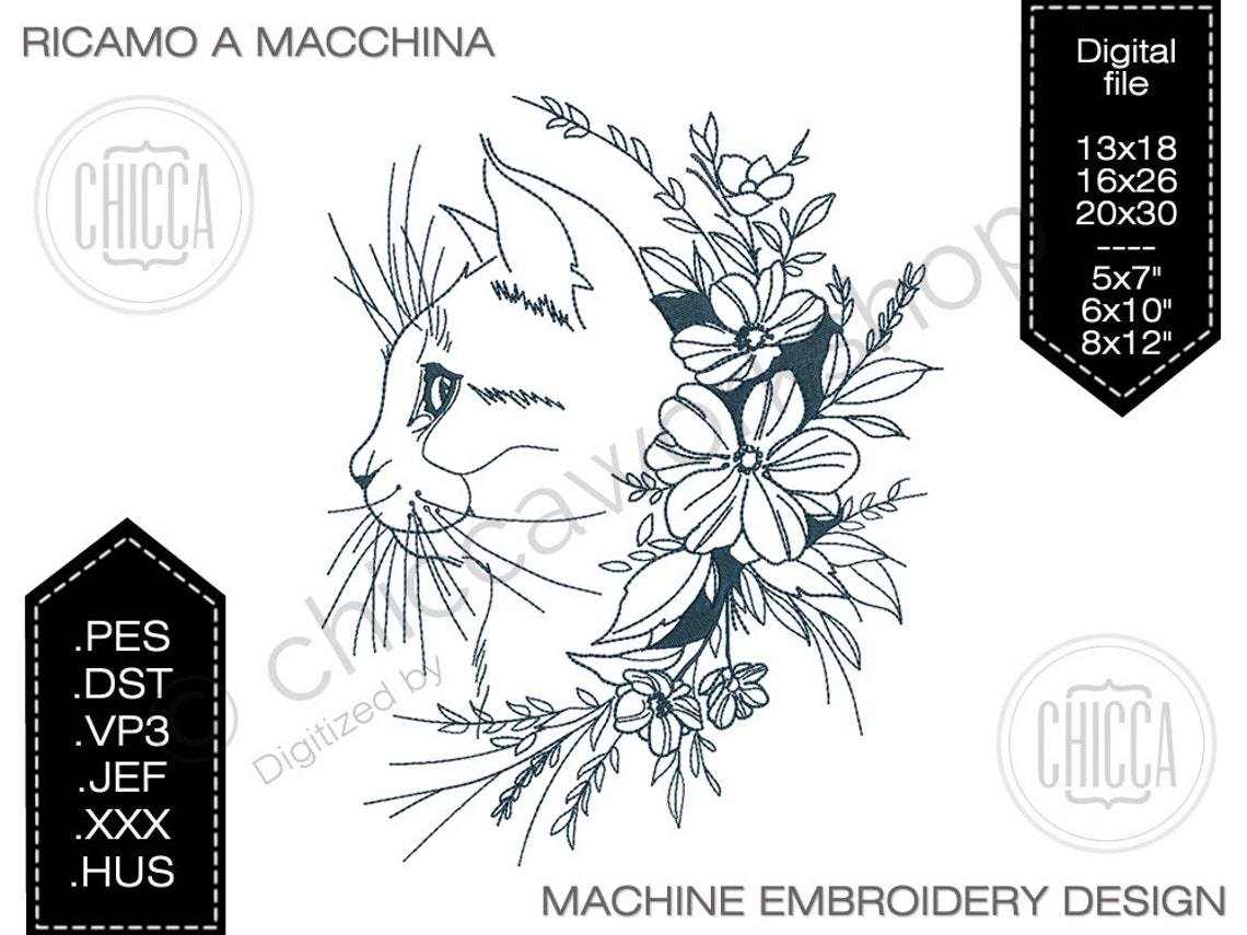 Redwork Cat Flowers Machine Embroidery - Etsy
