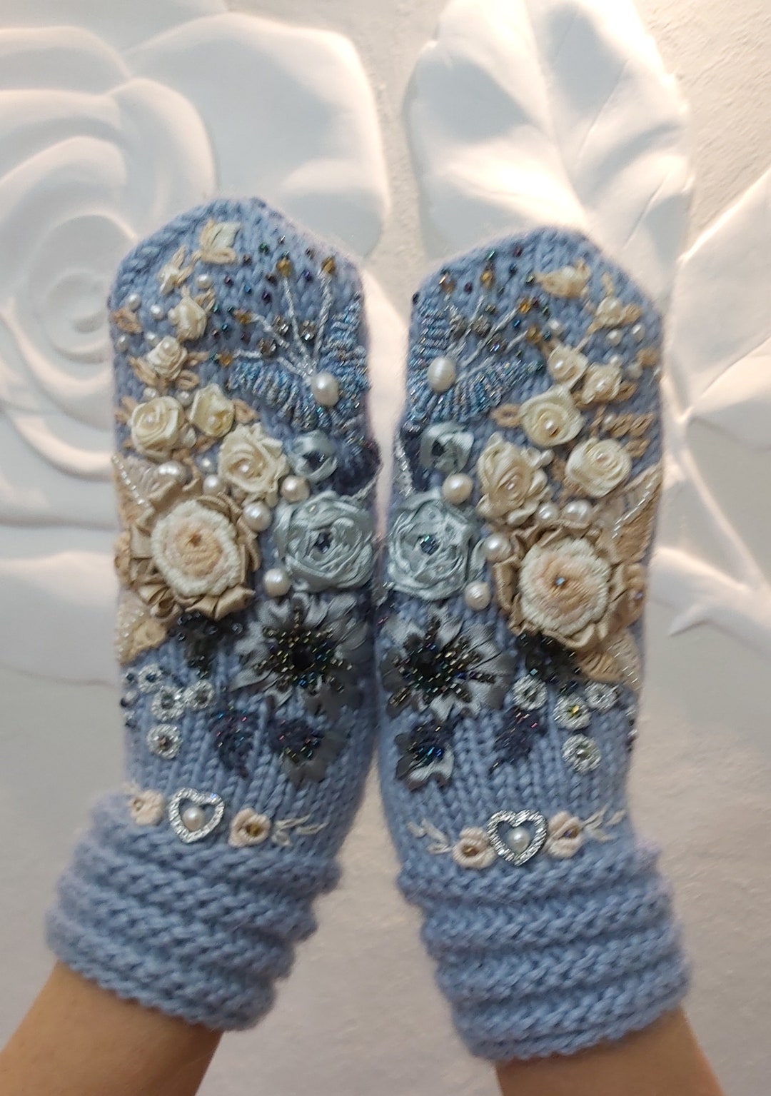 Light Blue Gloves With Embroidery. Special Original Model Met Natural ...