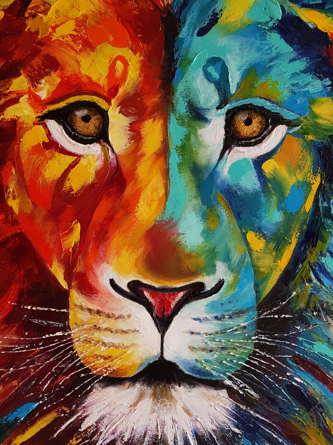 Lion Oil Painting. Rainbow Lion Palette Knife on Canvas Pop | Etsy