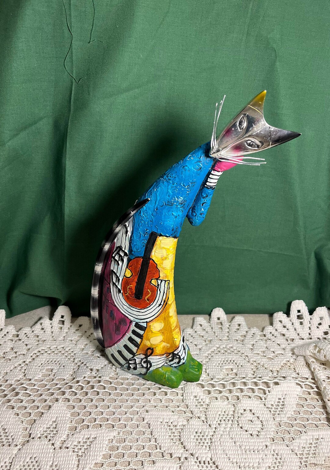 Decorative Cat Statue Metal Face Wooden Body Hand-painted Multicolored ...