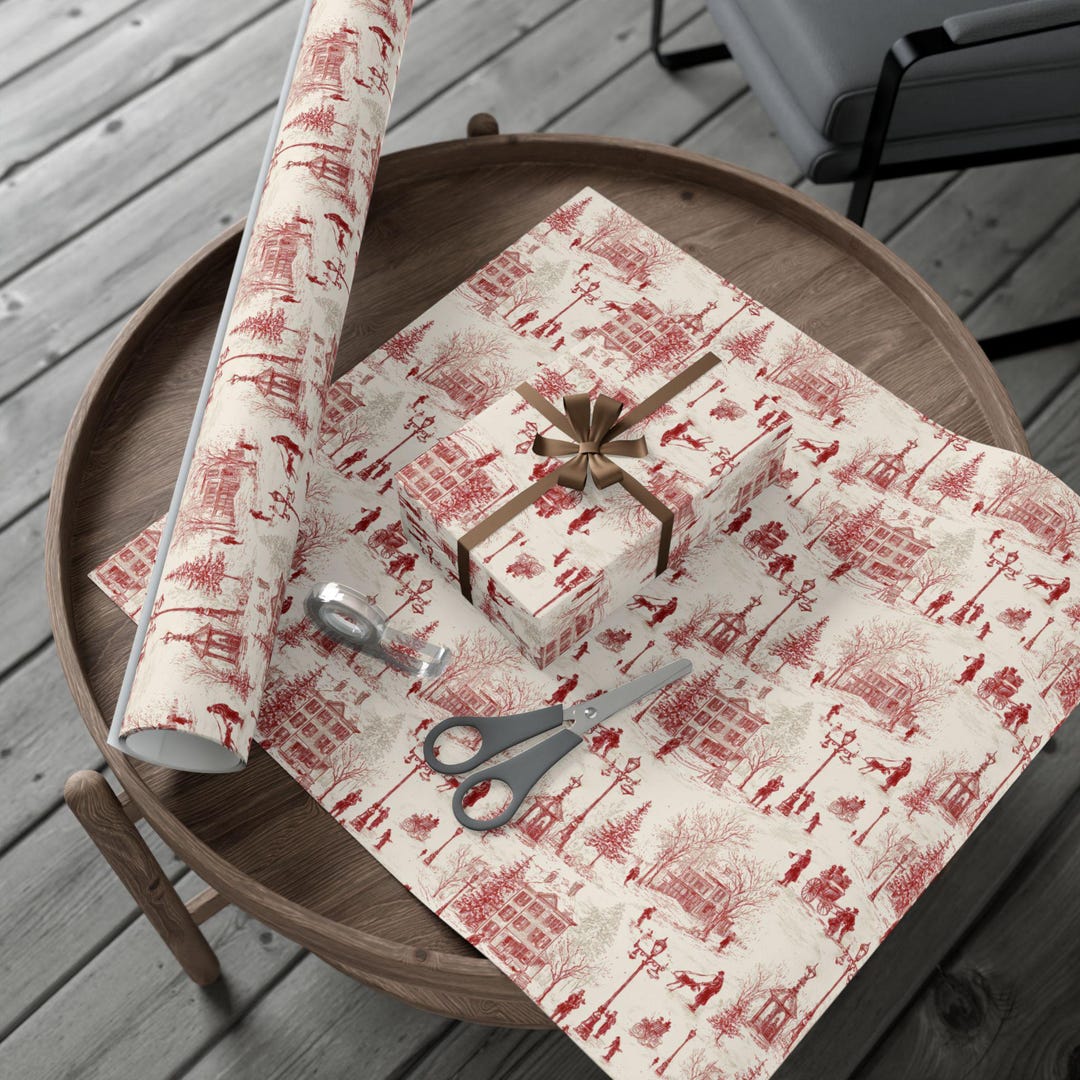 Vintage Red Toile Holiday Wrapping Paper | Village Scenes - Etsy