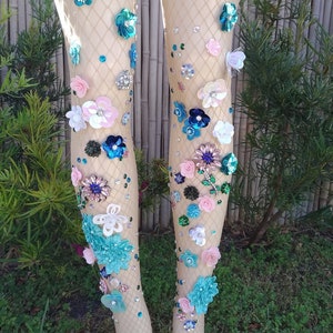 Nude Flower Fishnet Stockings Designer Tights 3-D Handmade Flower ...