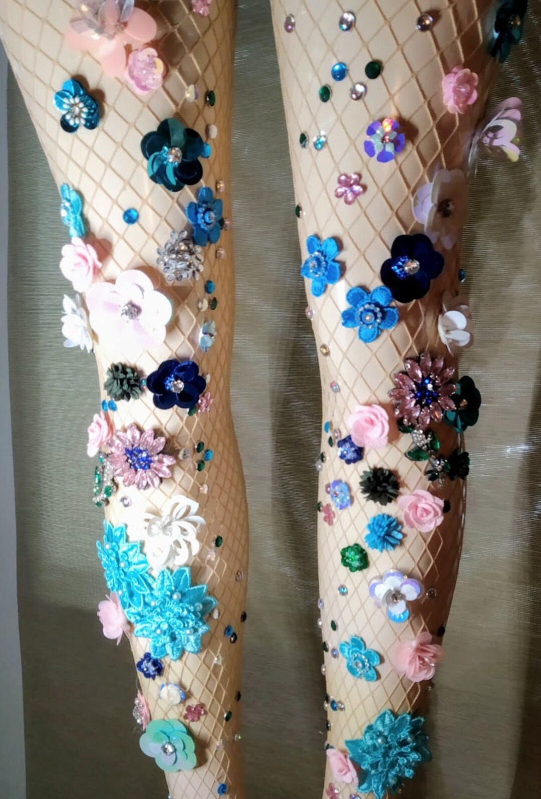 Nude Flower Fishnet Stockings Designer Tights 3-D Handmade Flower ...