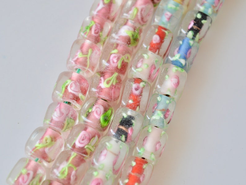 Cube Shape With Pink Flower Lampwork Glass Beads Square Cube Size ...