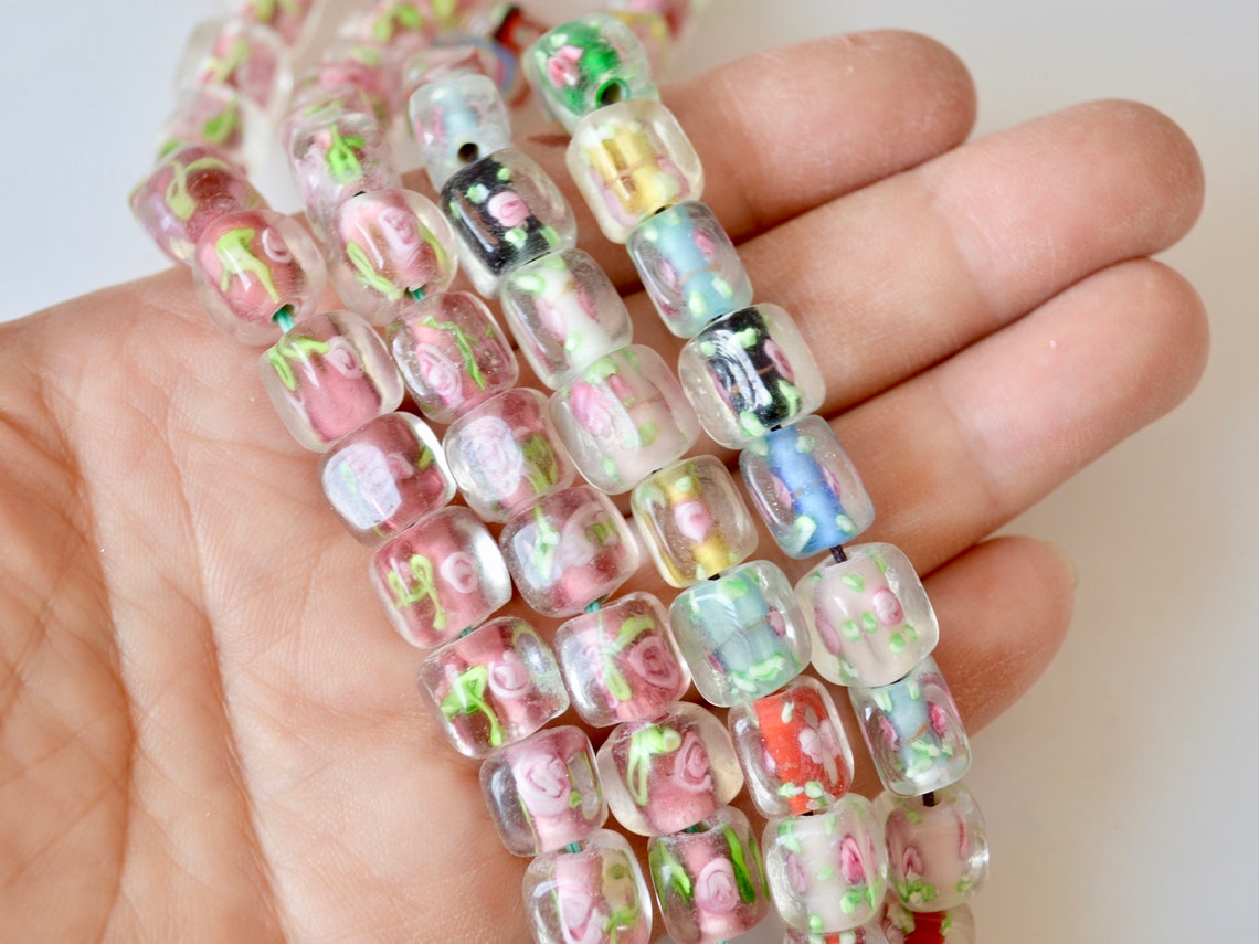 Cube Shape With Pink Flower Lampwork Glass Beads Square Cube Size ...
