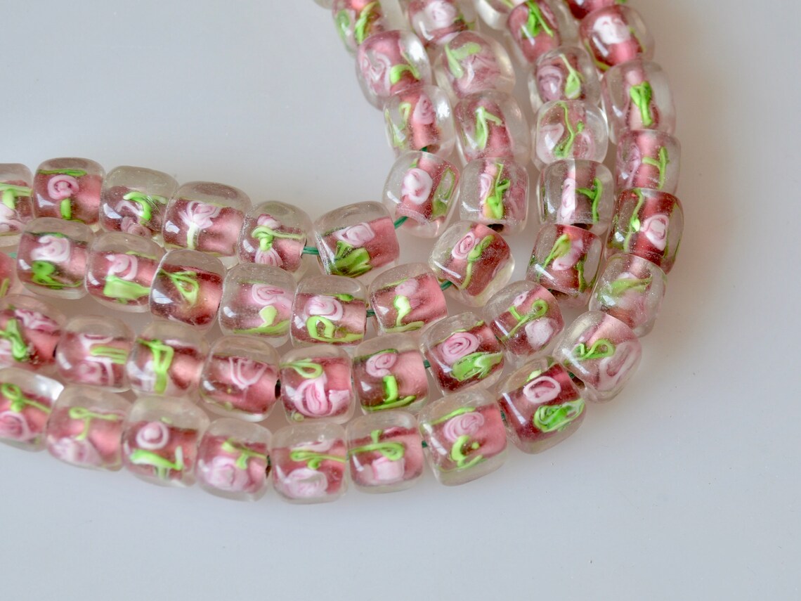 Cube Shape With Pink Flower Lampwork Glass Beads Square Cube Size ...