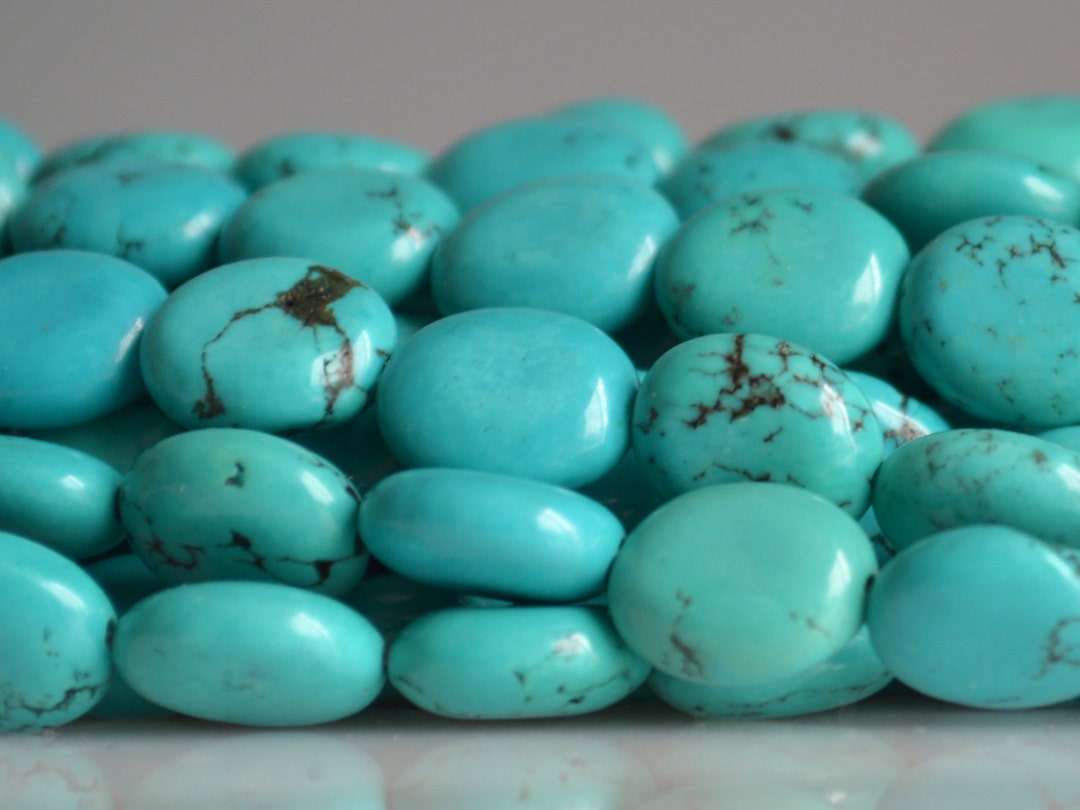 Turquoise Color Gemstone Magnesite Beads Flat Oval Shape Greenish Color ...
