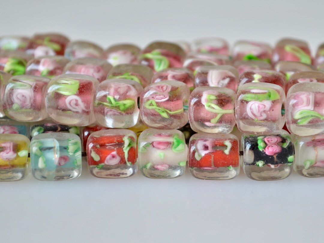 Cube Shape With Pink Flower Lampwork Glass Beads Square Cube Size ...