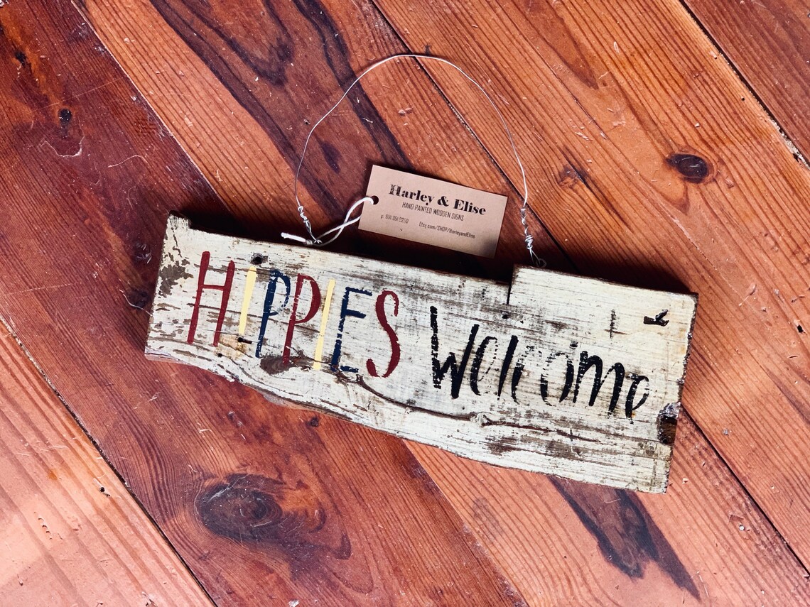 Hippies Welcome Sign, Distressed Wood, Hand Painted Boho Decor - Etsy