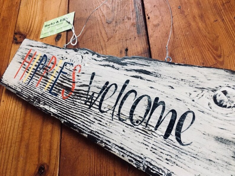 Hippies Welcome Sign, Distressed Wood, Hand Painted Boho Decor - Etsy