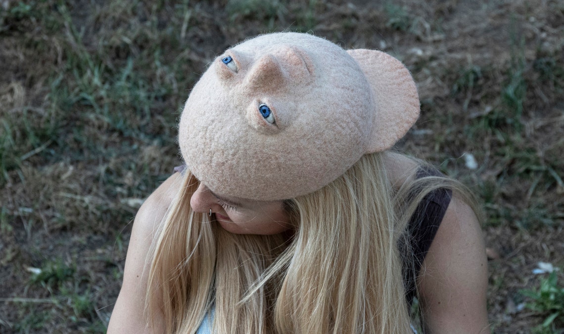 Hat With Human Face, Wearable Art, One of a Kind Design, Felt Baseball ...