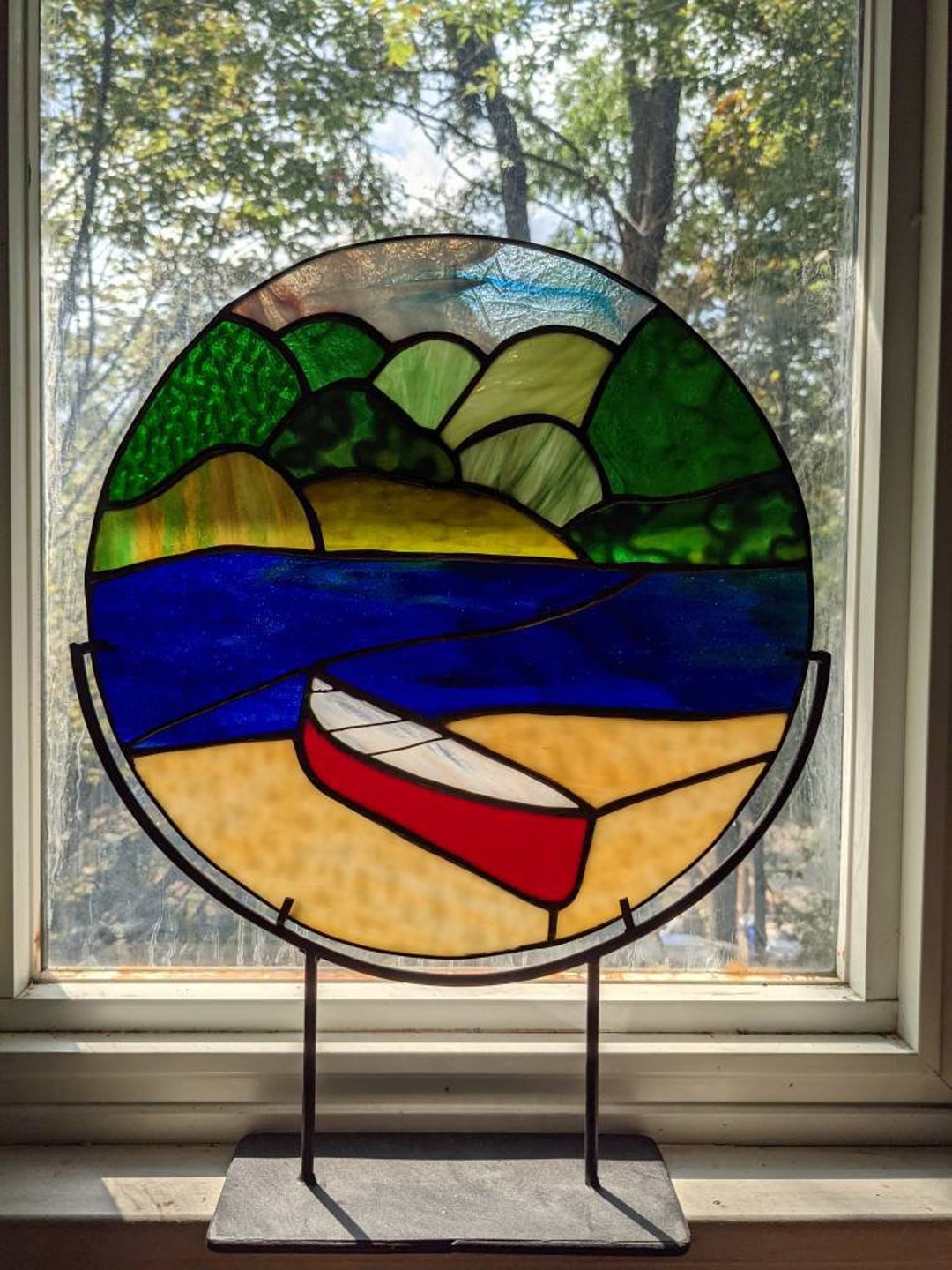 The Red Canoe Stained Glass Stand Alone Piece 12" Diameter - Etsy