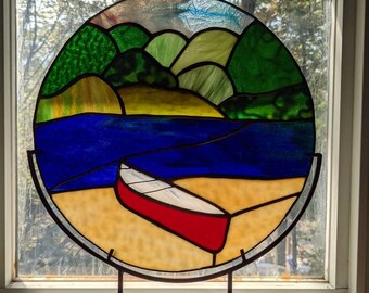 Canoe by a River Fall Landscape, Stained Glass Mosaic Hybrid Panel for ...
