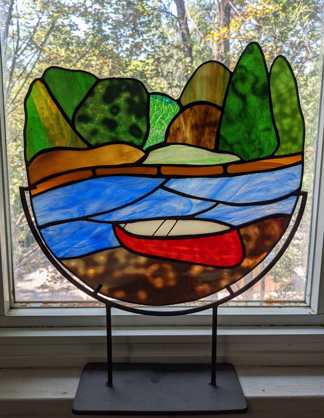 The Red Canoe Stained Glass Stand Alone Piece 12 Diameter - Etsy