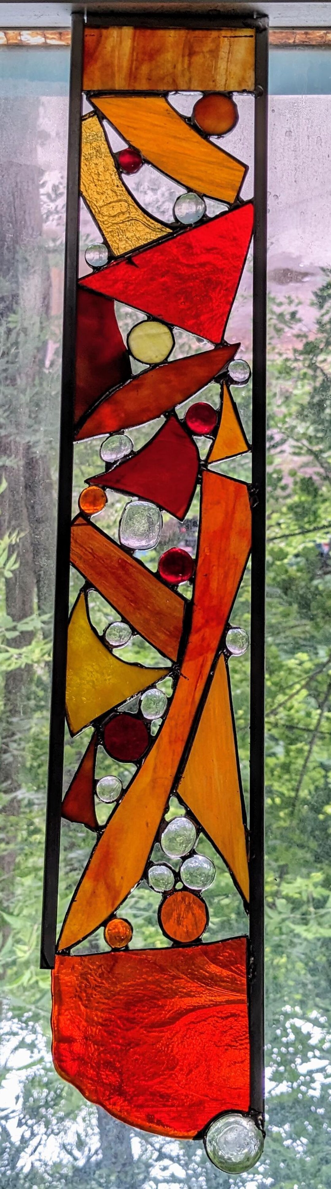 Red Orange Stained Glass Window Panel, Modern Home Decor (4.5x25 Inches ...