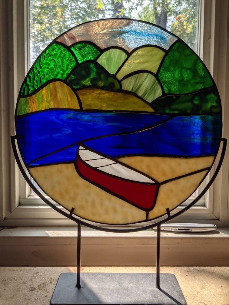 The Red Canoe Stained Glass Stand Alone Piece 12 Diameter - Etsy