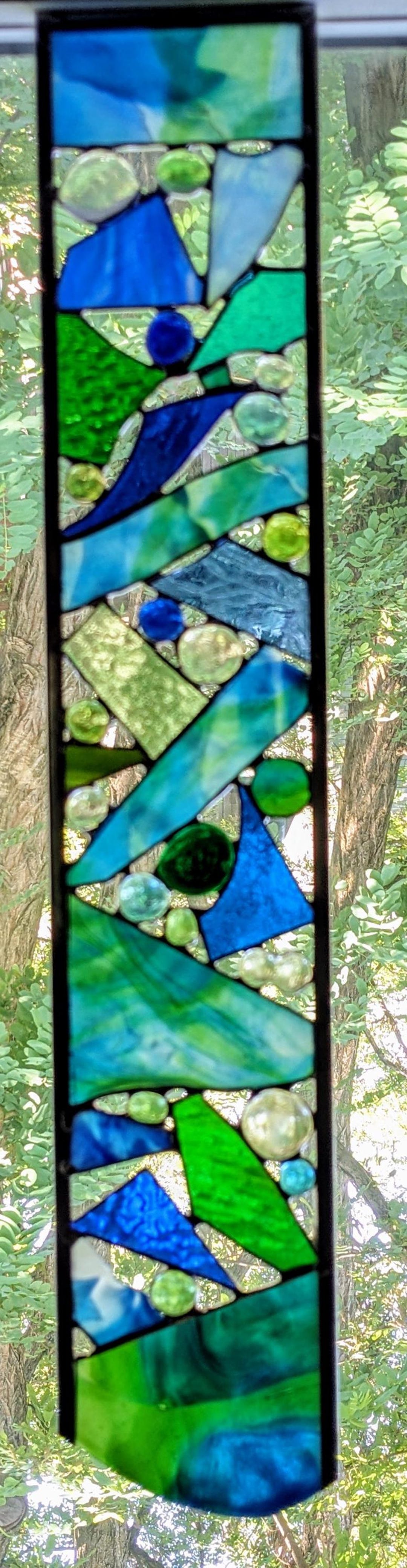 STAINED GLASS PANEL Blue/ Green Window Glass Art Home Decor Home and ...