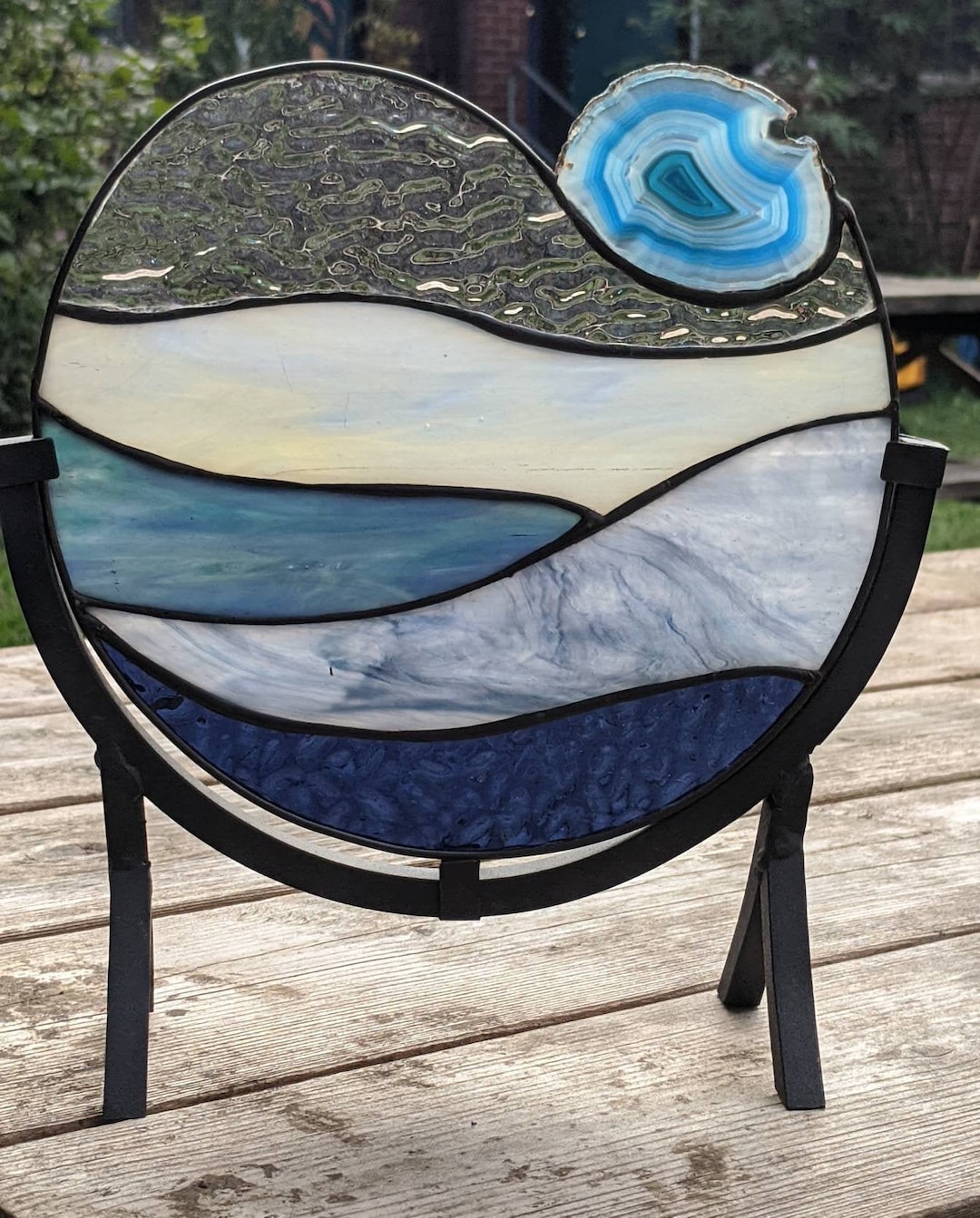 Blue Stained Glass Stand Alone Piece 8" Diameter Circle With Agate - Etsy