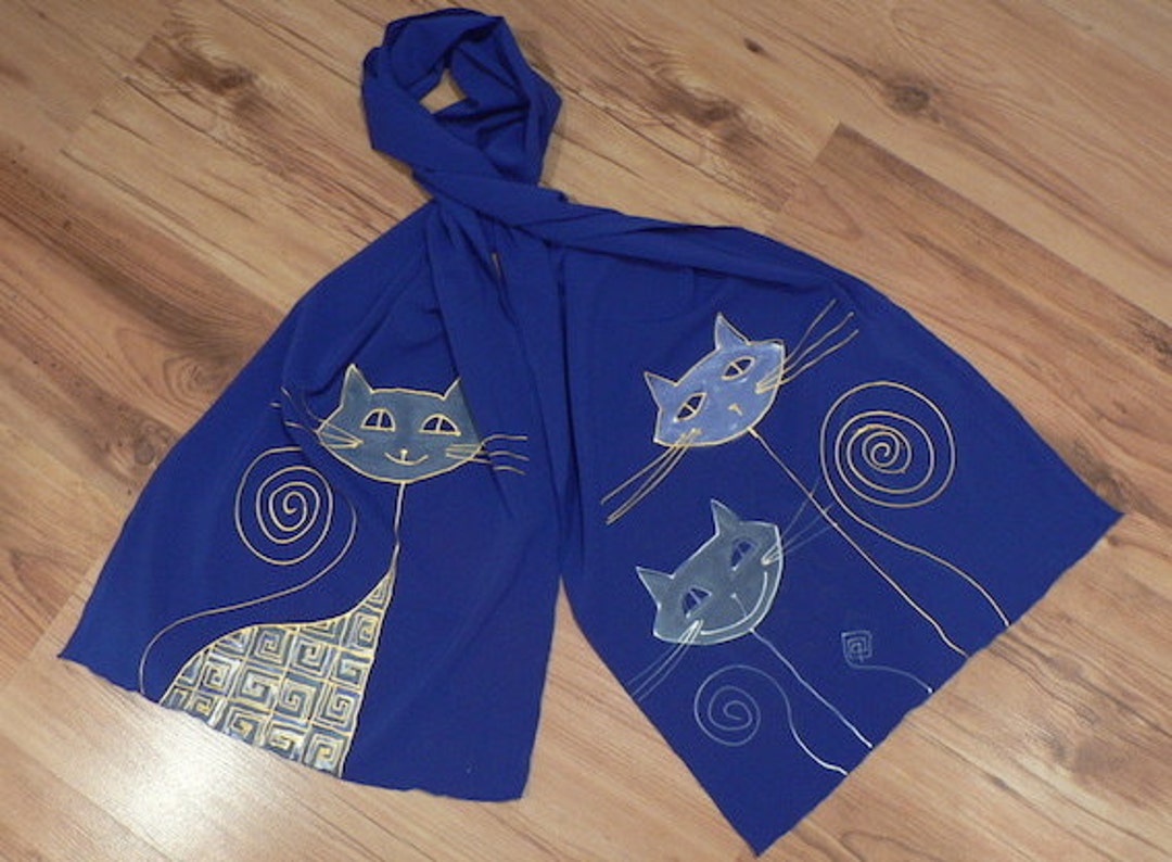 Handpainted Dark Blue Scarf With Geometric Cats, Fantasy, Unique ...
