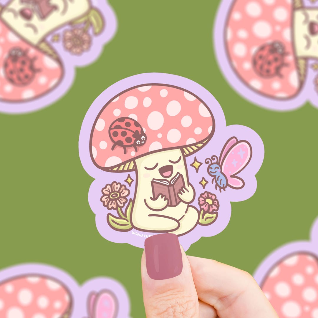 Reading Mushroom Vinyl Sticker, Fall Season, Bookish, Cute Mushrooms ...