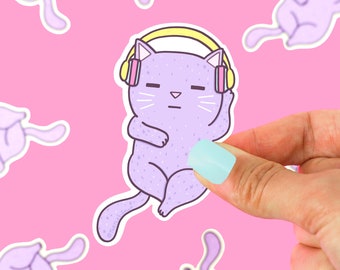 Headphones Sticker, Cat Music Sticker, Colorful Kitty Listening to ...