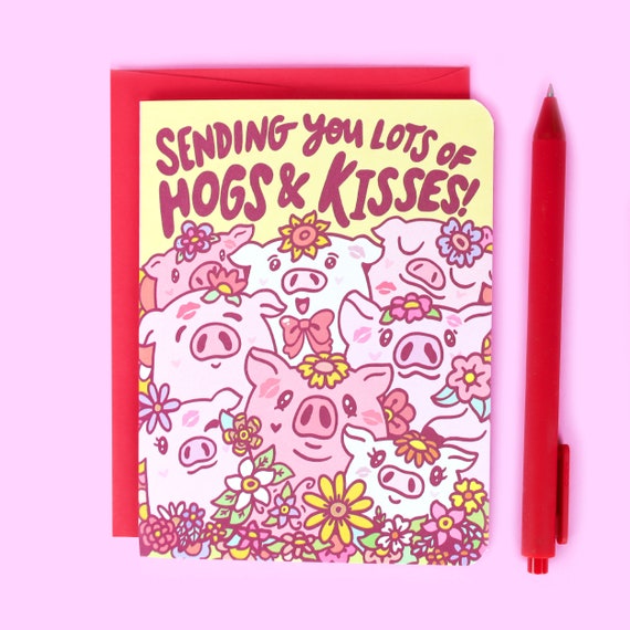 Sending Hogs and Kisses Pig Valentine's Day Card Cute | Etsy