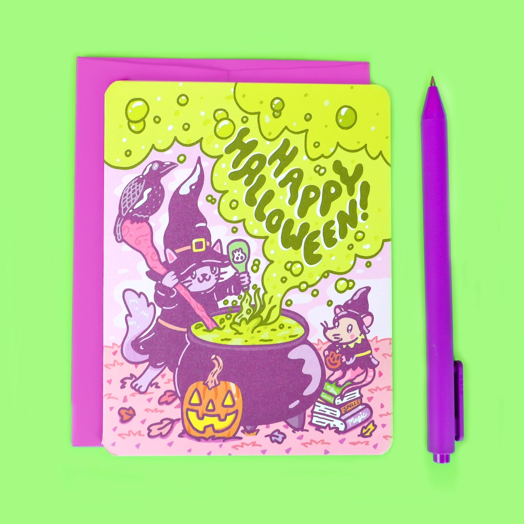 Witches Brew Halloween Card: Cat, Cauldron, Pumpkin Art - Etsy