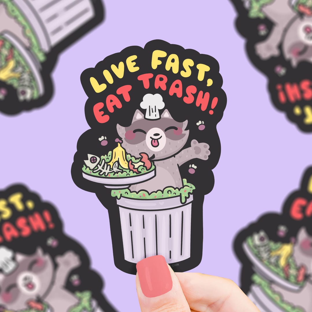Live Fast Eat Trash Vinyl Sticker, Cute Raccoon, Junk Food, Funny ...