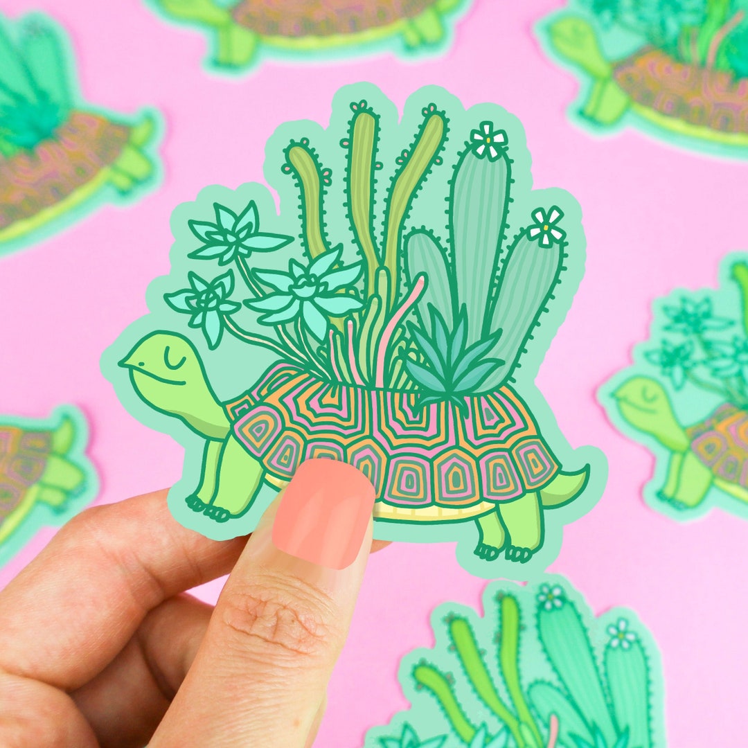 Turtle Planter Sticker, Succulents and Cacti Decal, Illustrated Planter ...