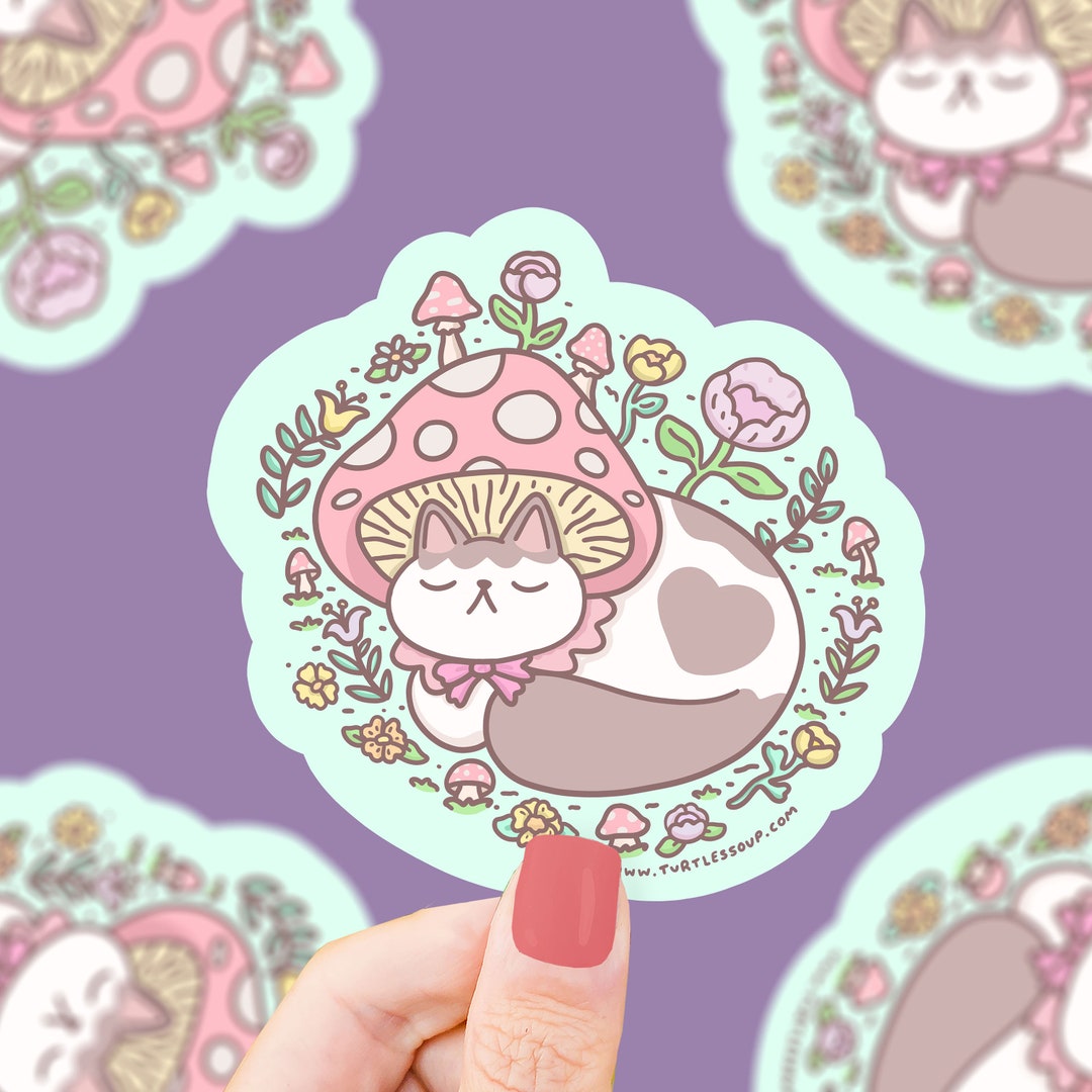 Mushroom Cap Kitty Sticker, Vinyl Sticker, Waterproof, Water Bottle ...