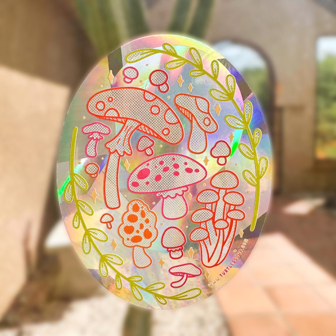 Mushrooms Suncatcher Sticker, Rainbow Window Sun Catcher, Fantasy, Cute ...