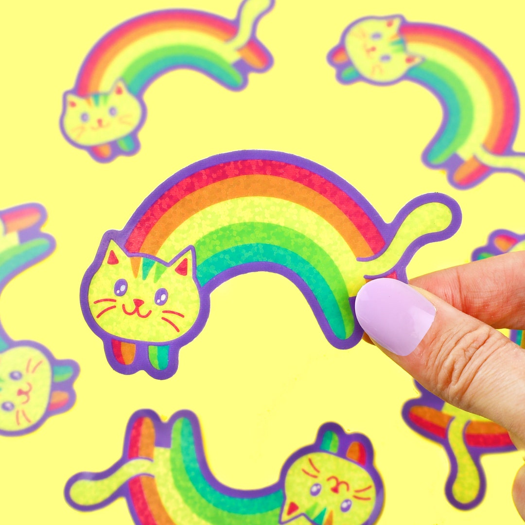Glitter Rainbow Kitty Sticker: Shiny Cat Art Decal - Etsy