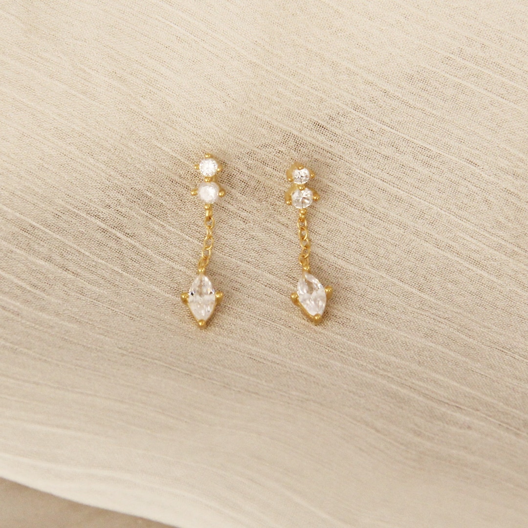 Marquise Dangle Earrings, Bridal Earrings, Dainty Drop Earrings, Gold Diamond CZ Drop Earrings ...