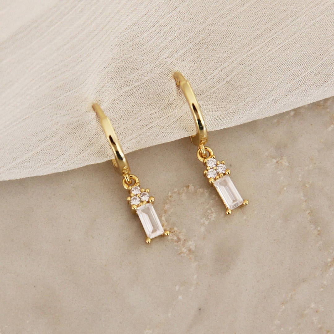 Baguette Dangle Hoop Earrings, Bridal Earrings, Dainty Drop Earrings ...