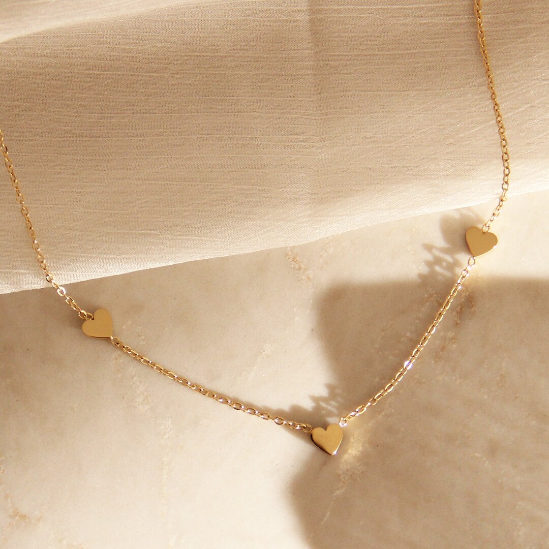 Three Heart Necklace Tiny Heart Necklace, Tiny Gold Heart Necklace ...