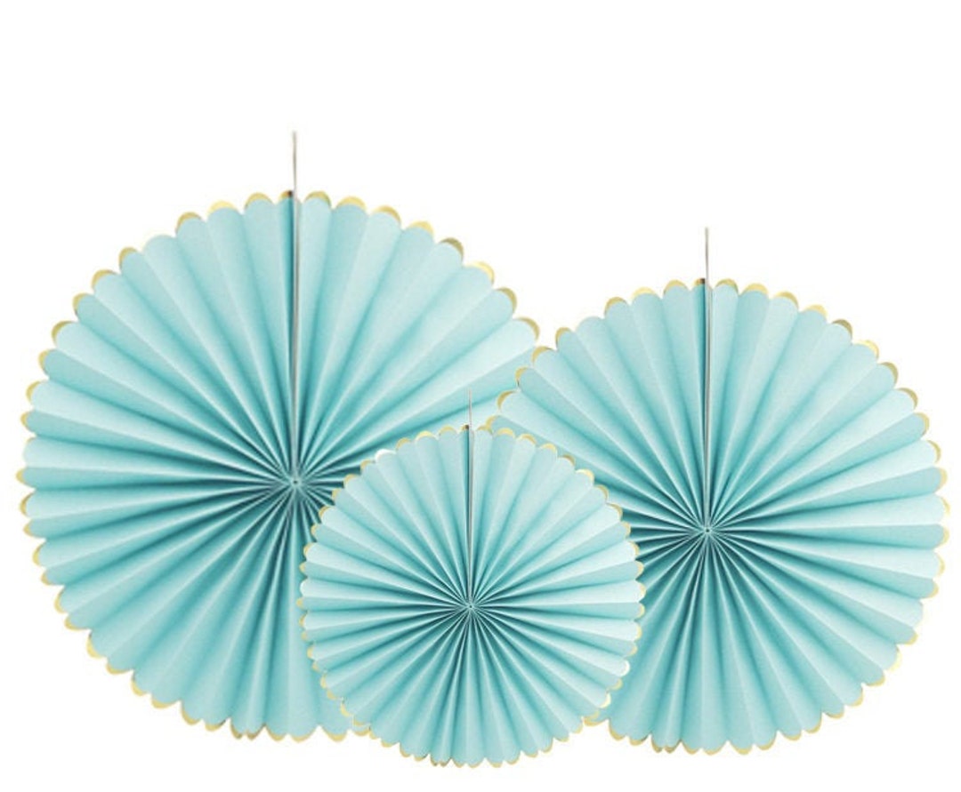 3 X Blue Fans Paper Fans Pastel Fans Blue and Gold Hanging - Etsy