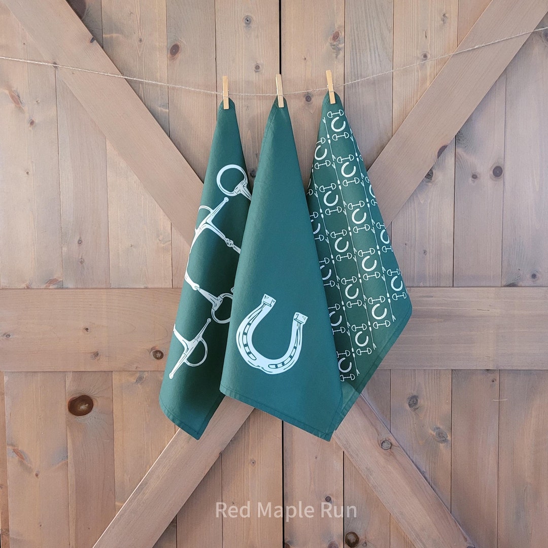 Equestrian Kitchen Towel Set: Dark Green Linen Cotton Horse Designs - Etsy