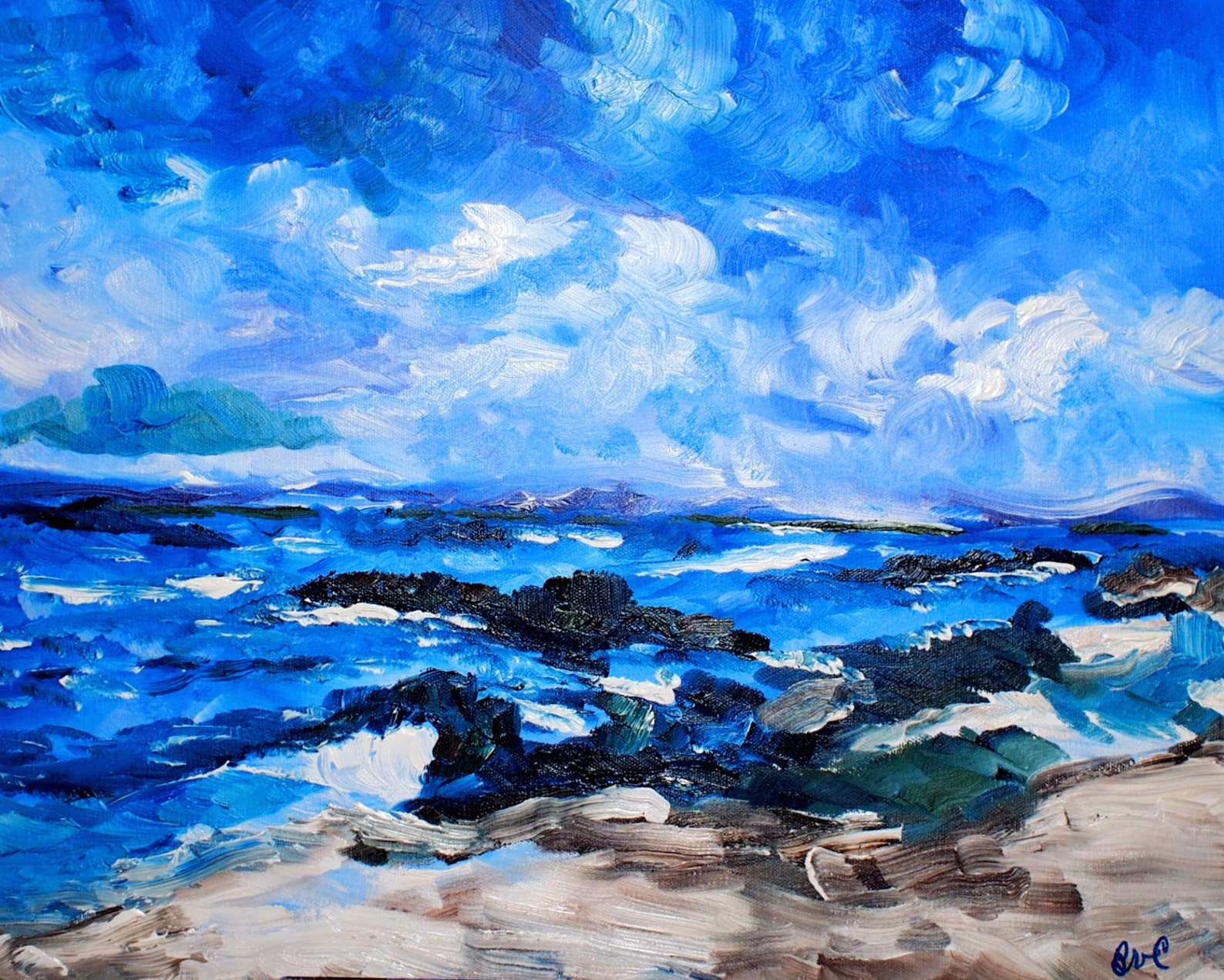 Oceanscape Sand Shore Original Oil Painting 16 X 20 Inch on Stretched ...