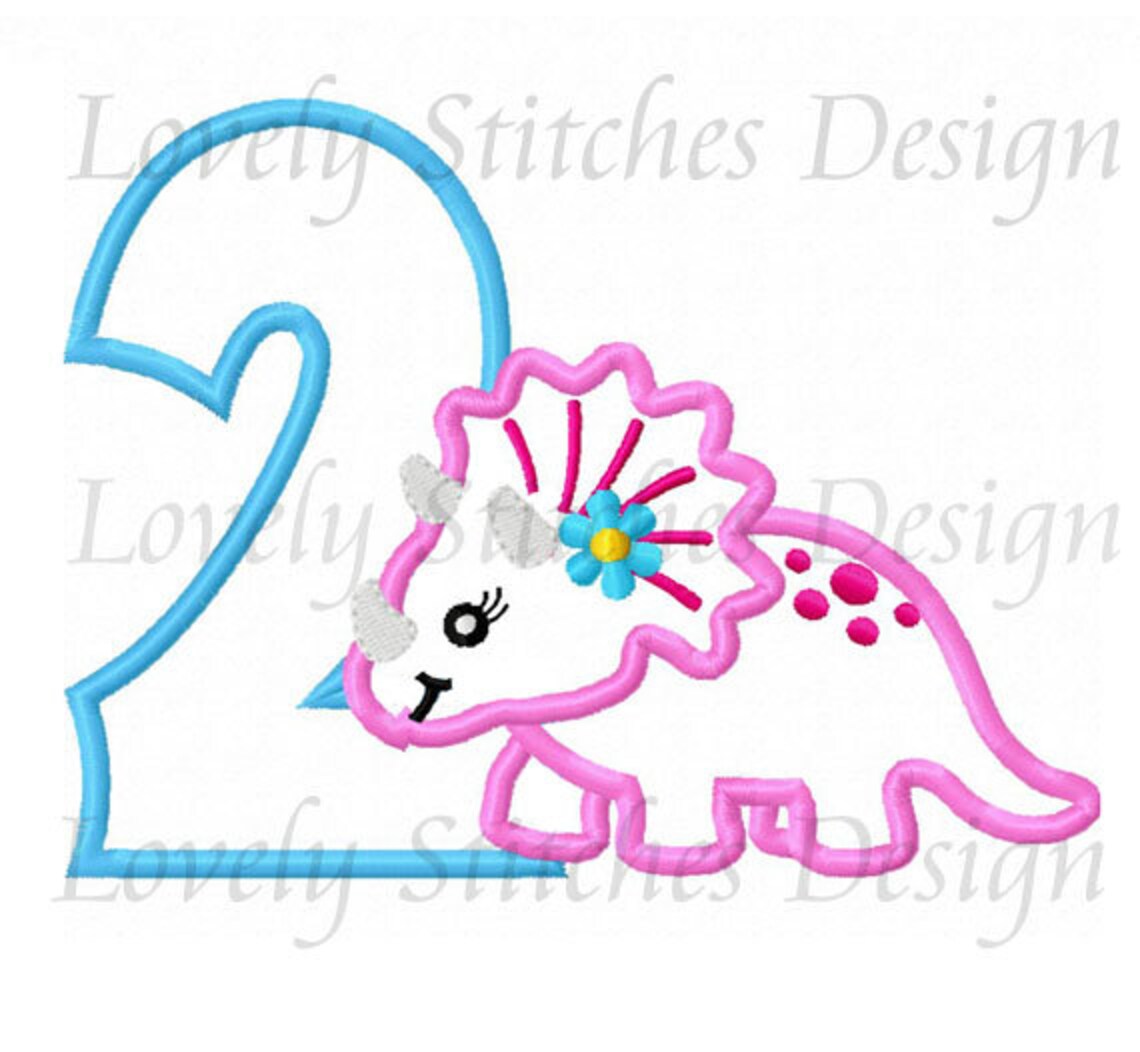 Girl Dinosaur Number 2 Birthday Applique Machine Embroidery | Etsy