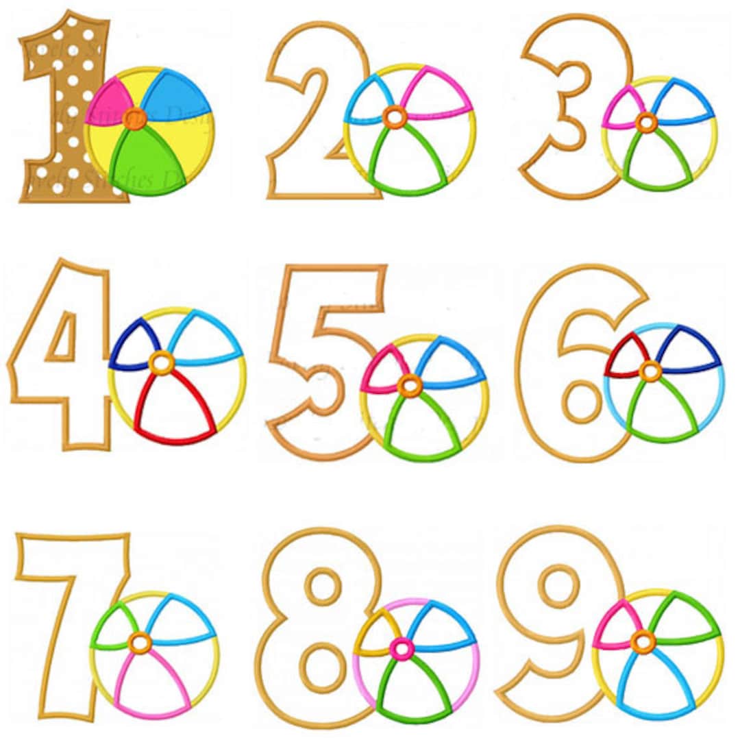 Summer Beach Ball Number 1-9 Applique Machine Embroidery Design NO:0343 ...