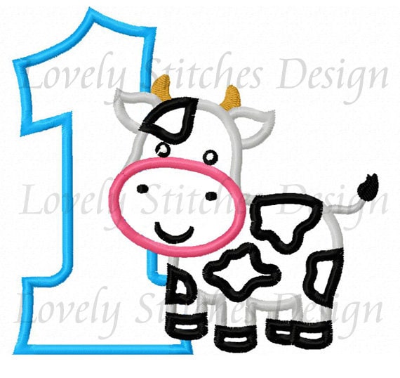 Cow Number 1 Birthday Applique Machine Embroidery Design | Etsy