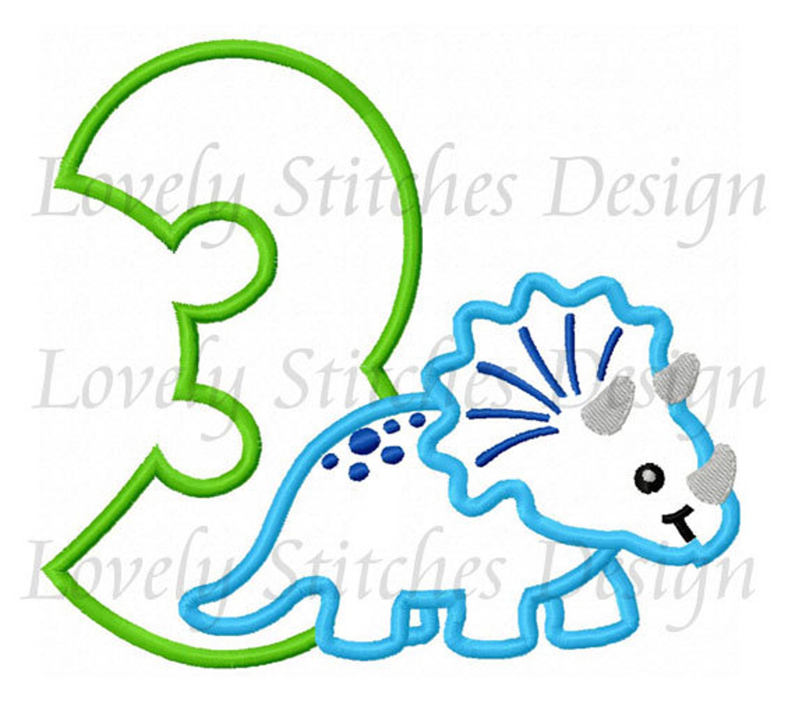 Dinosaur With Number 3 Applique Machine Embroidery Design NO:0491 ...